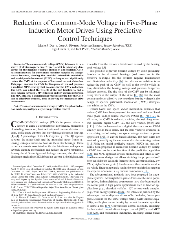 Pdf Reduction Of Common Mode Voltage In Five Phase Induction Motor Drives Using Predictive