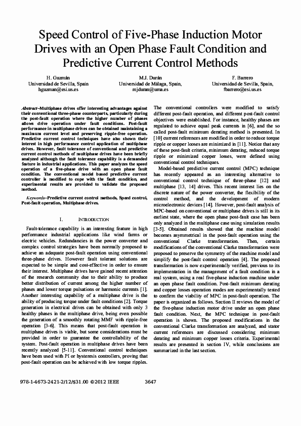 Pdf Speed Control Of Five Phase Induction Motor Drives With An Open Phase Fault Condition And