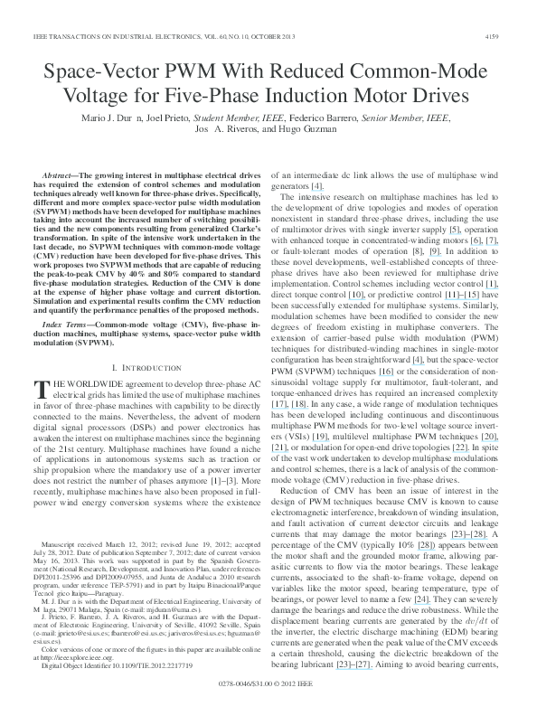 (PDF) Space-Vector PWM With Reduced Common-Mode Voltage for Five-Phase Induction Motor Drives