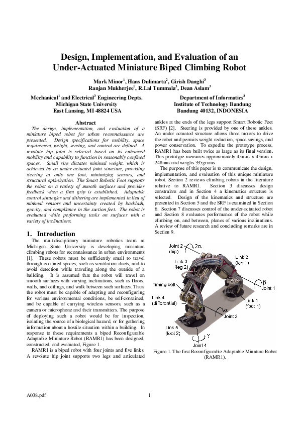 (PDF) Design, implementation, and evaluation of an under-actuated miniature biped climbing robot