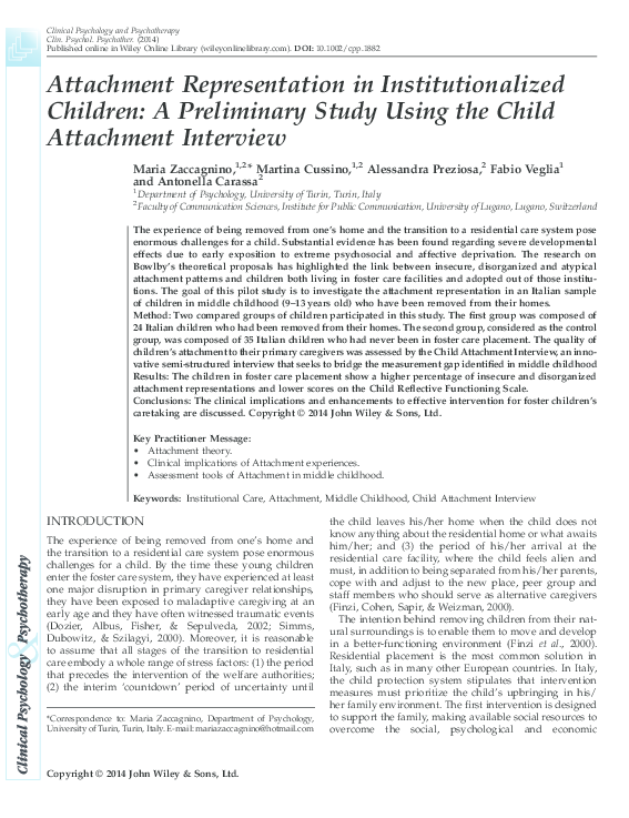 Attachment Representation in Institutionalized Children: A Preliminary ...