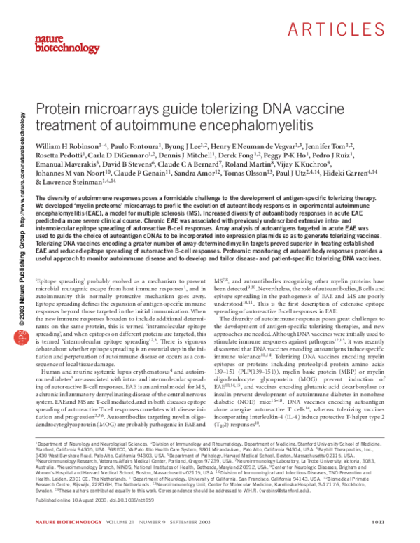 (PDF) Protein microarrays guide tolerizing DNA vaccine treatment of autoimmune encephalomyelitis