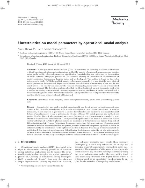 (PDF) Uncertainties on modal parameters by operational modal analysis | Marc Thomas - Academia.edu