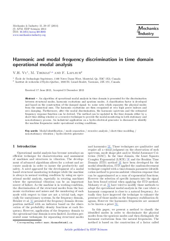 (PDF) Harmonic and modal frequency discrimination in time domain operational modal analysis