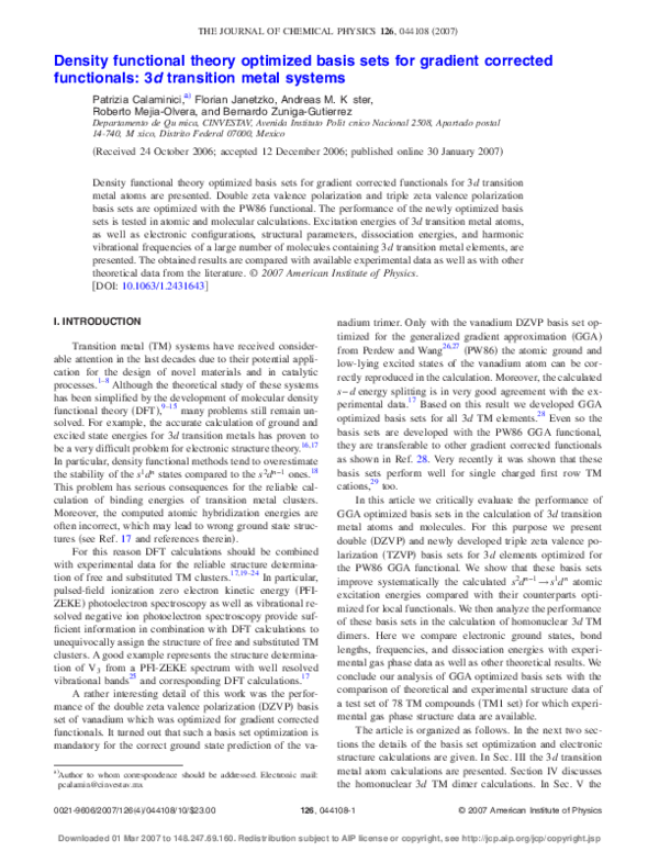 Pdf Density Functional Theory Optimized Basis Sets For Gradient Corrected Functionals 3d