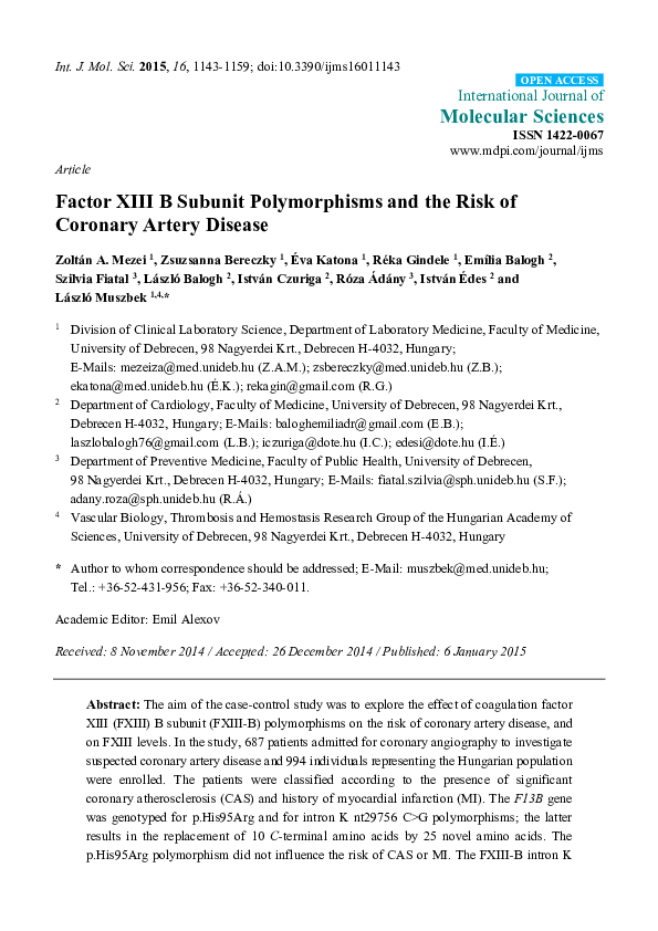 (PDF) Factor XIII B Subunit Polymorphisms and the Risk of Coronary Artery Disease