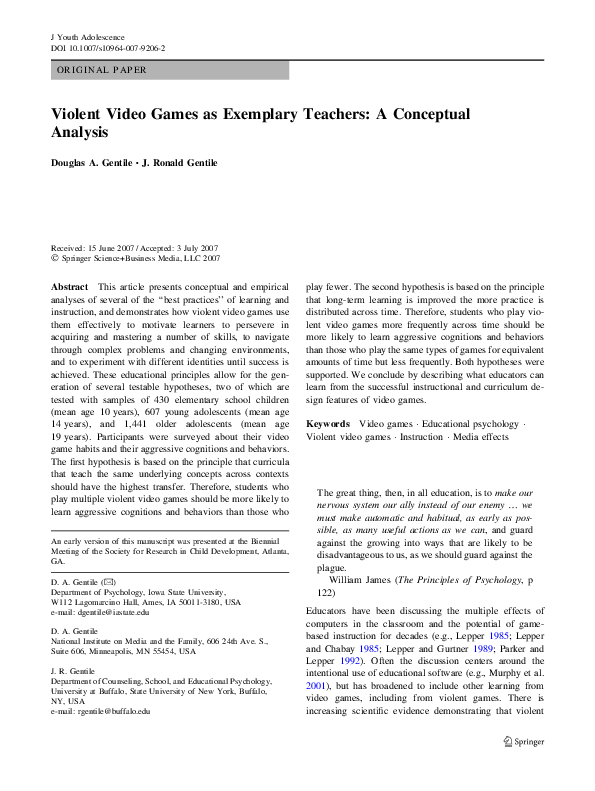 (PDF) Violent Video Games as Exemplary Teachers: A Conceptual Analysis