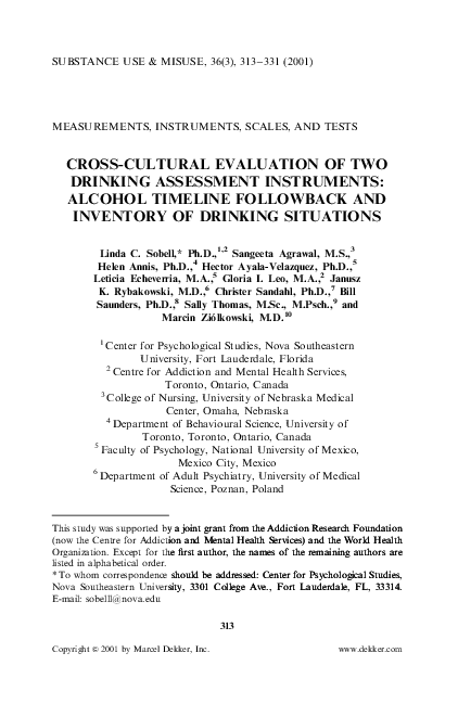 (PDF) CROSS-CULTURAL EVALUATION OF TWO DRINKING ASSESSMENT INSTRUMENTS ...