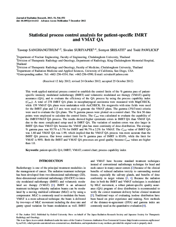 (PDF) Statistical process control analysis for patient-specific IMRT and VMAT QA