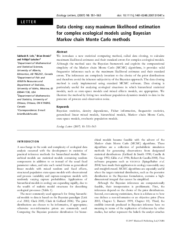 (PDF) Data cloning: easy maximum likelihood estimation for complex ecological models using ...