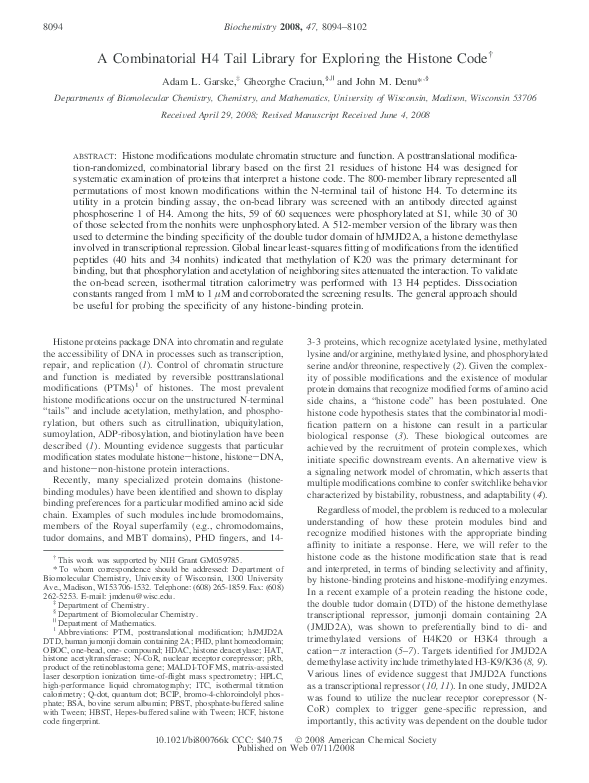 (PDF) A Combinatorial H4 Tail Library for Exploring the Histone Code