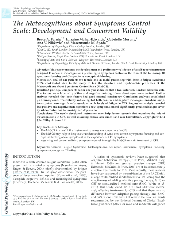 Pdf The Metacognitions About Symptoms Control Scale Development And