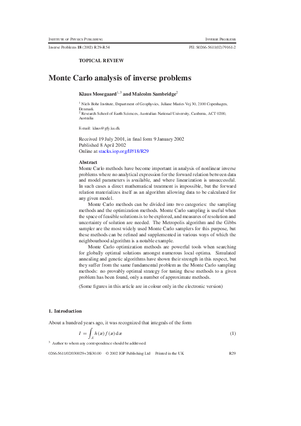 Pdf Monte Carlo Analysis Of Inverse Problems