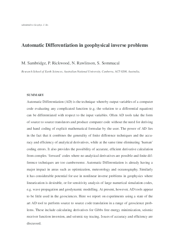 (PDF) Automatic differentiation in geophysical inverse problems