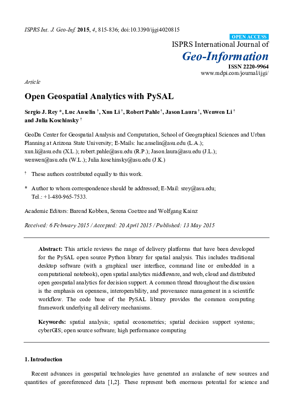 (PDF) Open Geospatial Analytics with PySAL