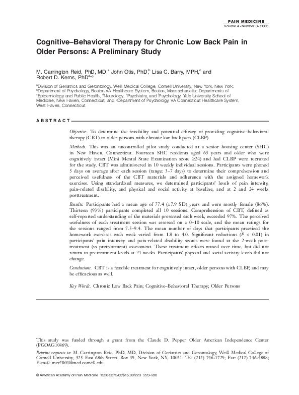 (PDF) Cognitive-Behavioral Therapy for Chronic Low Back Pain in Older ...