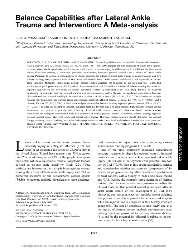 (PDF) Balance Capabilities after Lateral Ankle Trauma and Intervention