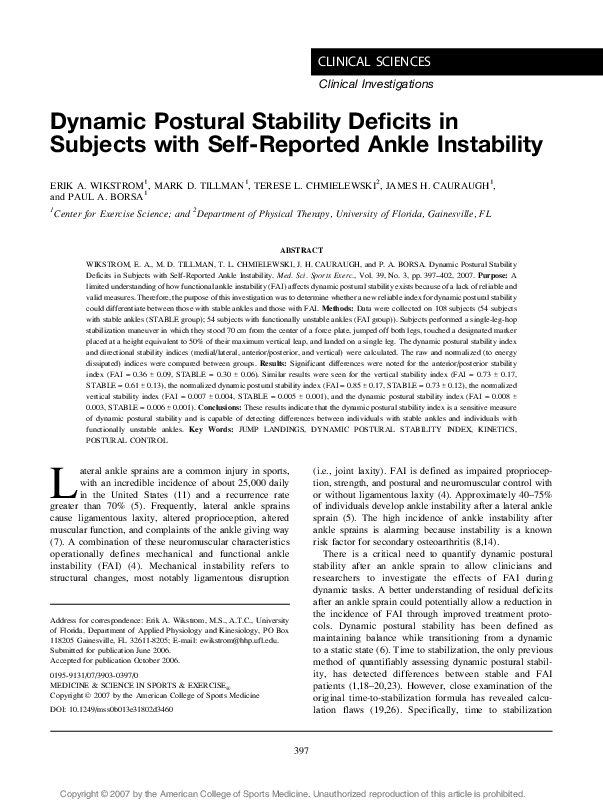 (PDF) Dynamic Postural Stability Deficits in Subjects with Self ...