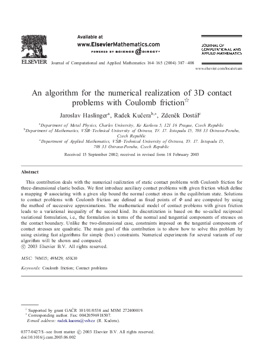 (PDF) An algorithm for the numerical realization of 3D contact problems with Coulomb friction