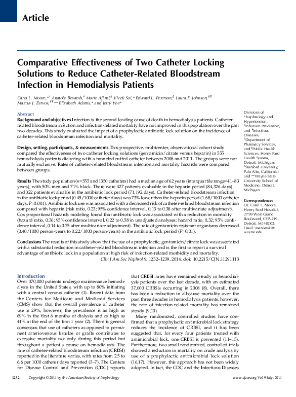 (PDF) Ethanol Lock and Risk of Hemodialysis Catheter Infection in ...
