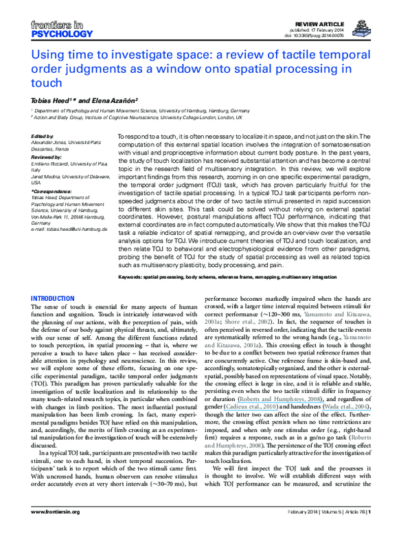 (PDF) Using time to investigate space: a review of tactile temporal order judgments as a window ...
