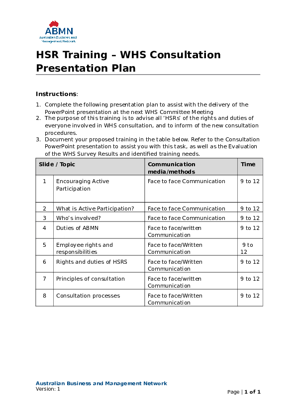 (DOC) HSR Training – WHS Consultation Presentation Plan Instructions