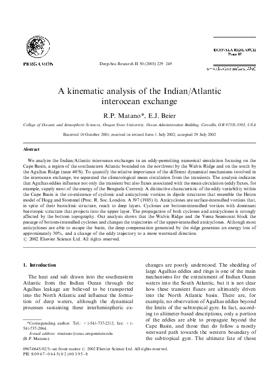 (PDF) A kinematic analysis of the Indian/Atlantic interocean exchange