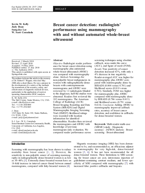 (PDF) Breast cancer detection: radiologists’ performance using mammography with and without ...