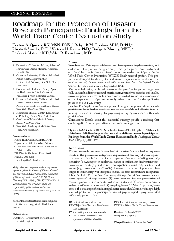 (PDF) Roadmap for the protection of disaster research participants ...