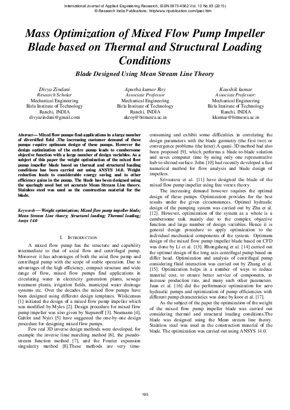(PDF) Mass Optimization of Mixed Flow Pump Impeller Blade based on Thermal and Structural ...