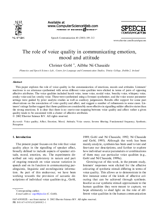 (PDF) The role of voice quality in communicating emotion, mood and attitude