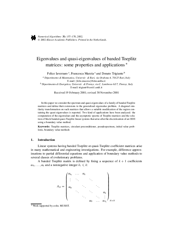 (PDF) Eigenvalues and Quasi-Eigenvalues of Banded Toeplitz Matrices: Some Properties and ...
