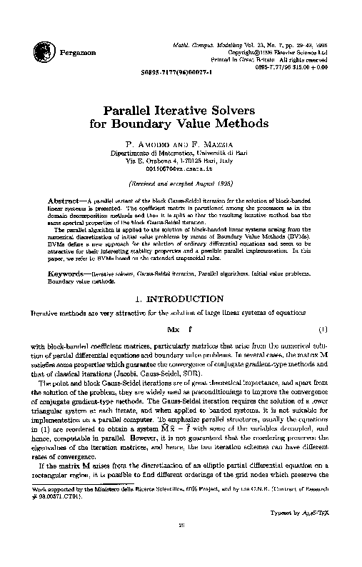 Pdf Parallel Iterative Solvers For Boundary Value Methods