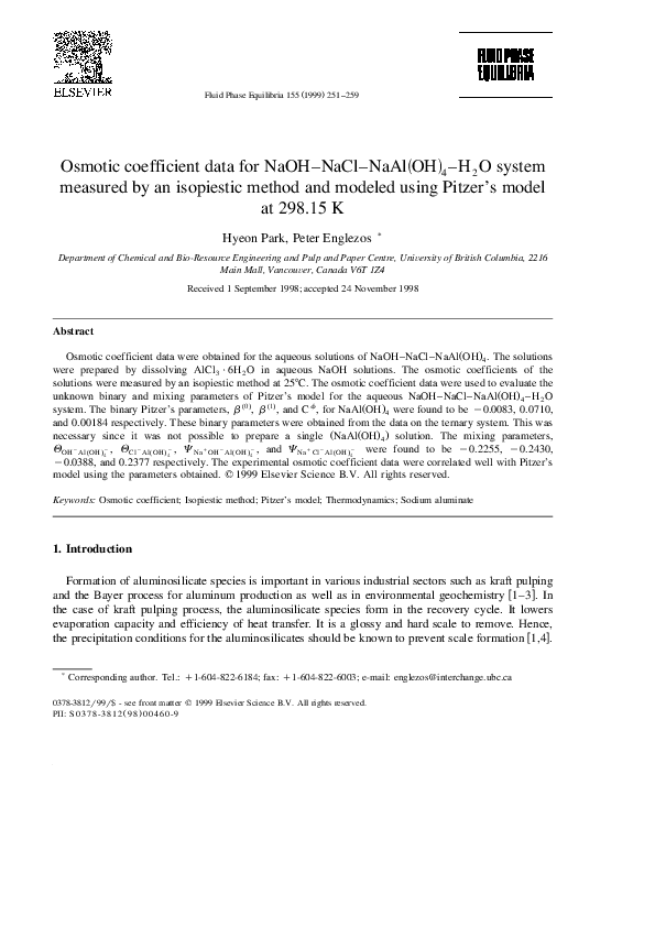 (PDF) Osmotic coefficient data for NaOH-NaCl-NaAl(OH)4-H2O system ...