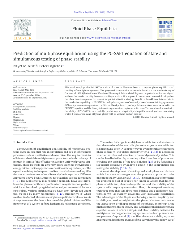(PDF) Prediction of multiphase equilibrium using the PC-SAFT equation of state and simultaneous ...