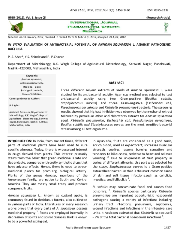 (PDF) IN VITRO EVALUATION OF ANTIBACTERIAL POTENTIAL OF ANNONA SQUAMOSA L. AGAINST PATHOGENIC ...