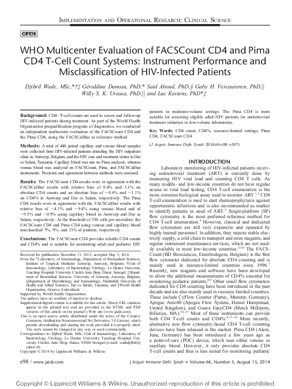 (PDF) WHO multicenter evaluation of FACSCount CD4 and Pima CD4 T-cell ...