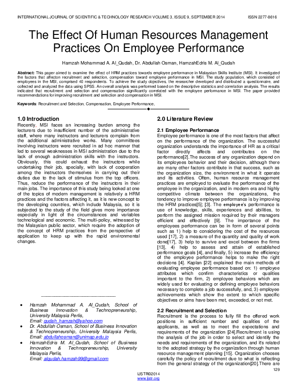 (PDF) IMPACT OF HUMAN RESOURCE MANAGEMENT (HRM) PRACTICES ON EMPLOYEES PERFORMANCE | Zubair ...