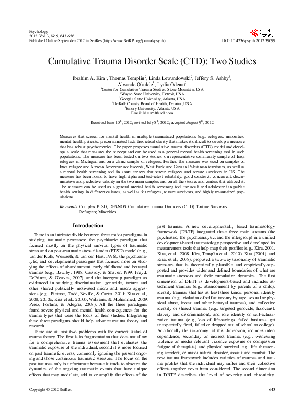 (PDF) Cumulative Trauma Disorder Scale (CTD): Two Studies