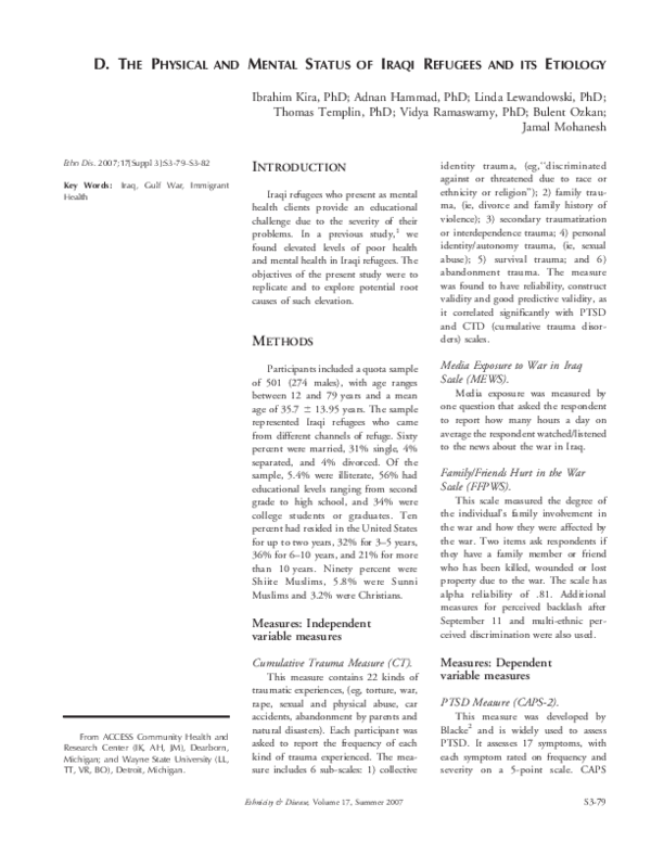 (PDF) D. The Physical and Mental Status of Iraqi Refugees and its Etiology
