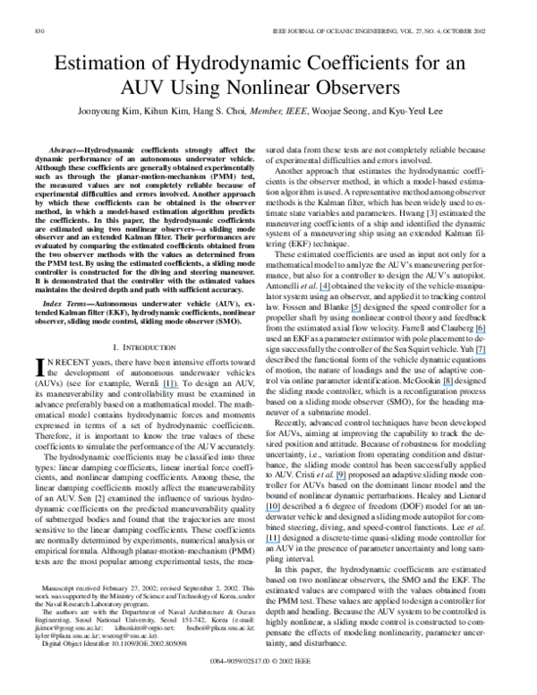 Pdf Estimation Of Hydrodynamic Coefficients For An Auv Using Nonlinear Observers