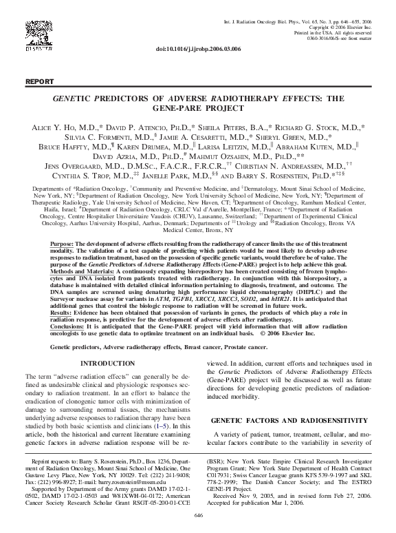 (PDF) Genetic Predictors of Adverse Radiotherapy Effects: The Gene-PARE ...