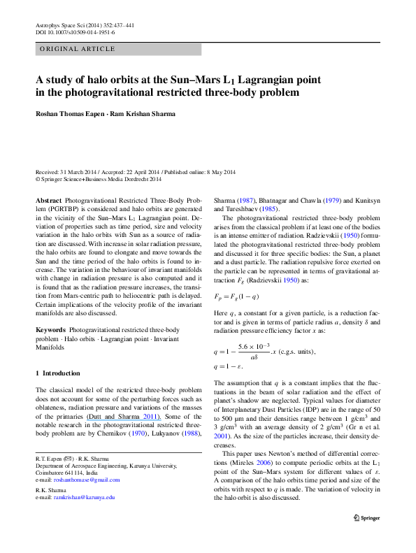 (PDF) A study of halo orbits at the Sun–Mars L1 Lagrangian point in the ...