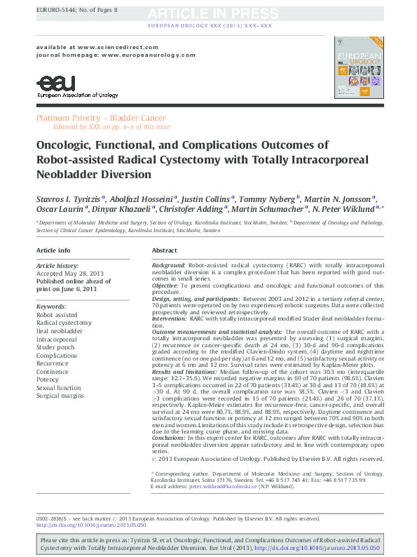 (PDF) Oncologic, Functional, and Complications Outcomes of Robot-assisted Radical Cystectomy ...