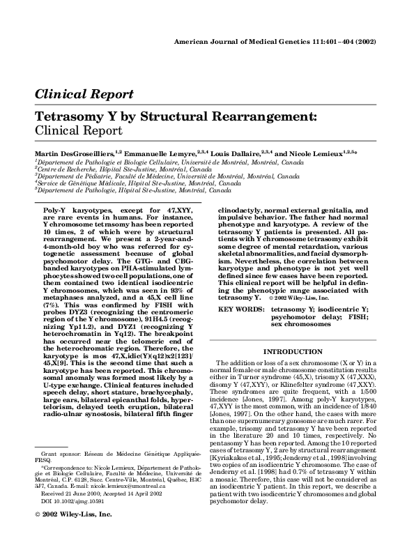 (PDF) Tetrasomy Y by structural rearrangement: Clinical report