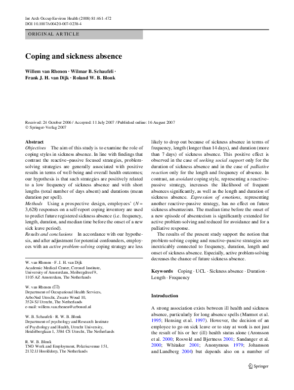 (PDF) Coping and sickness absence