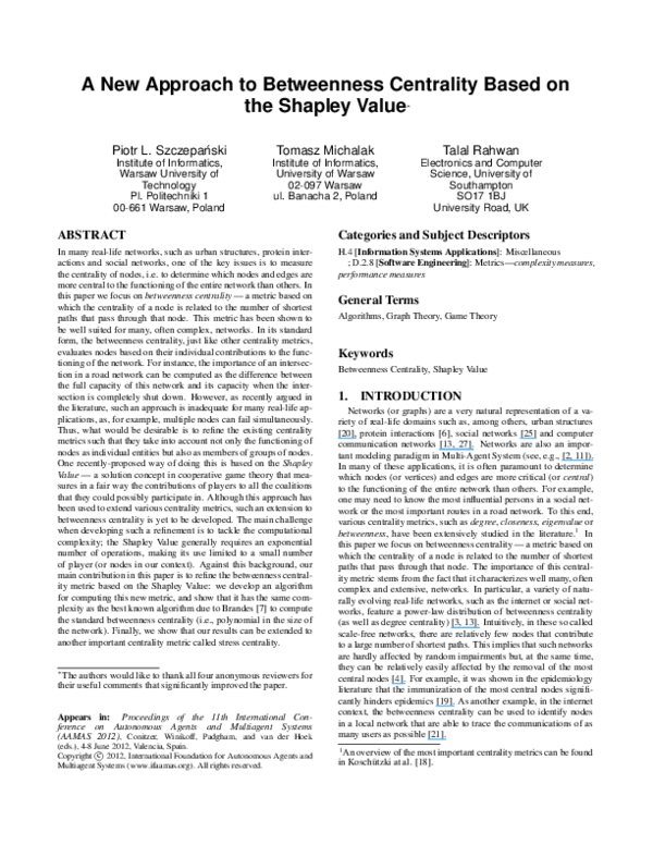 (PDF) A new approach to betweenness centrality based on the Shapley Value