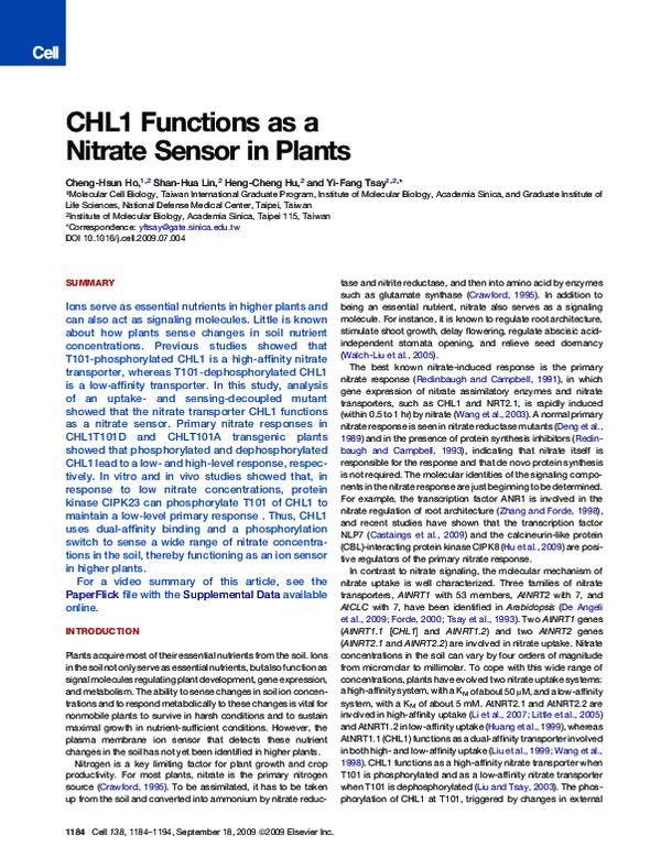 (PDF) CHL1 Functions as a Nitrate Sensor in Plants