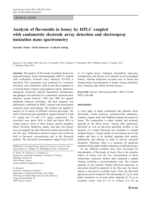 (PDF) Analysis of flavonoids in honey by HPLC coupled with coulometric ...