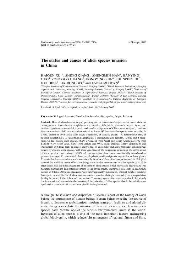 (PDF) The status and causes of alien species invasion in China